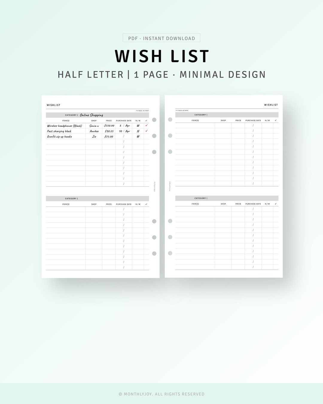 Wish List Tracker Printable Half Size Planner Inserts, Online Shopping ...