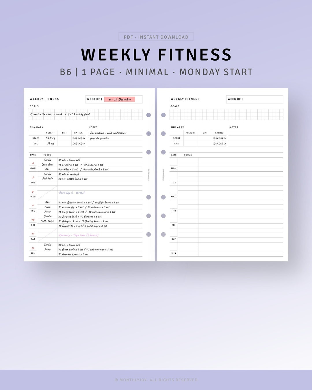 Weekly Fitness Tracker Printable B6 Binder, Workout Calendar Sheet ...