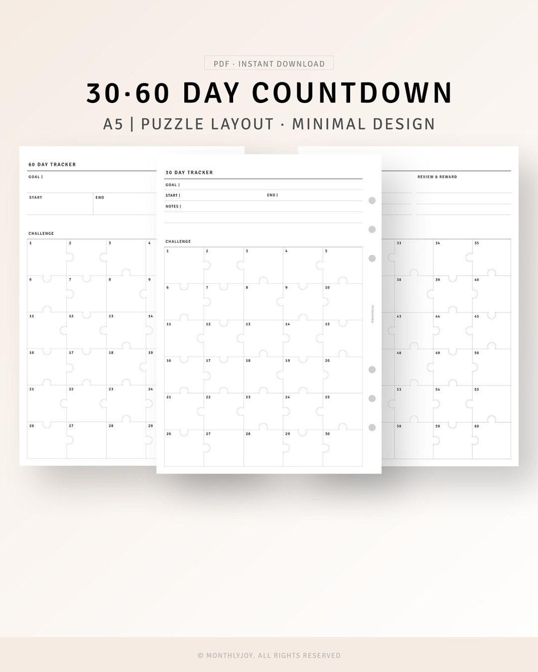 30 60 Day Countdown Tracker Printable A5 Planner Inserts, Habit ...