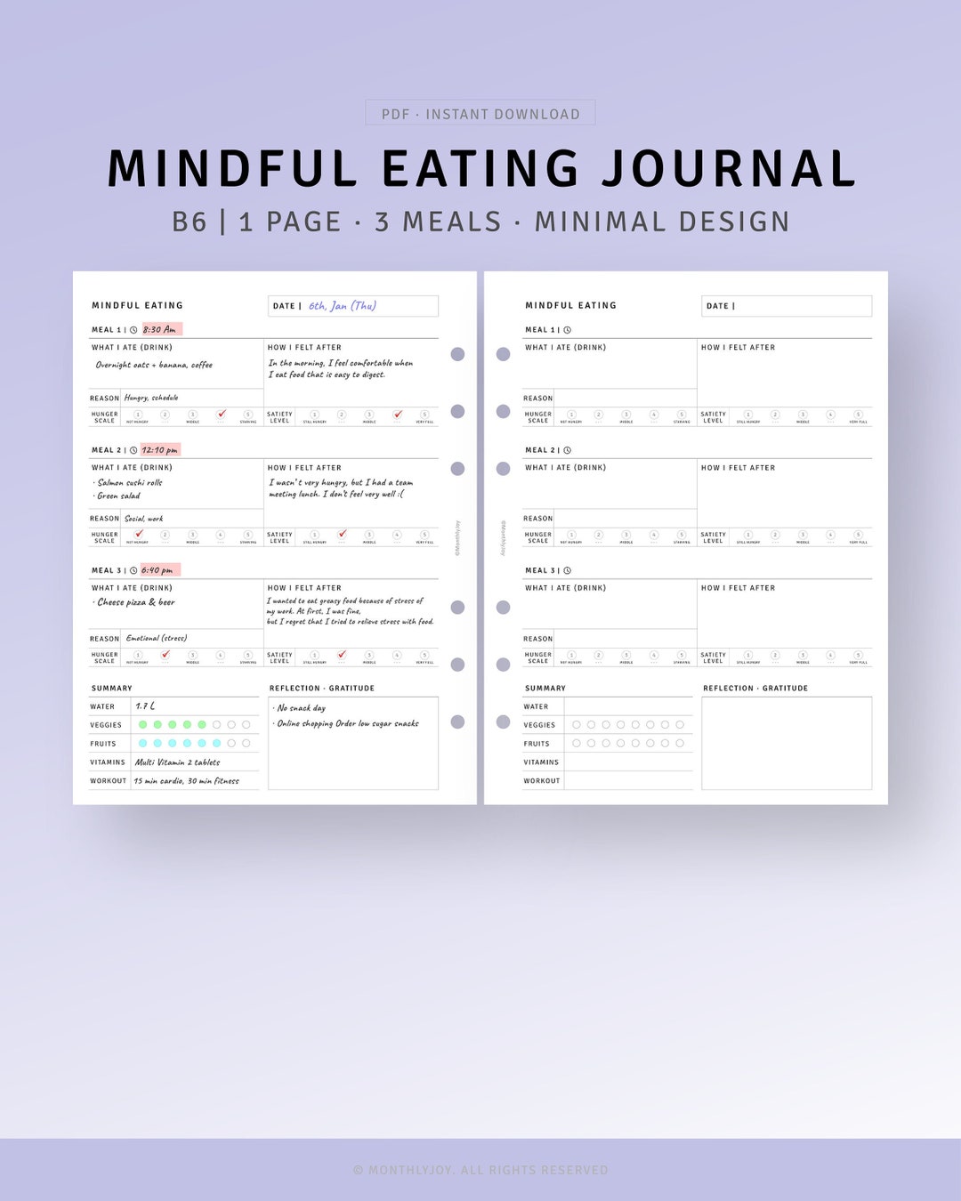 Mindful Eating Journal B6 Planner Inserts Printable Food Log Diary ...