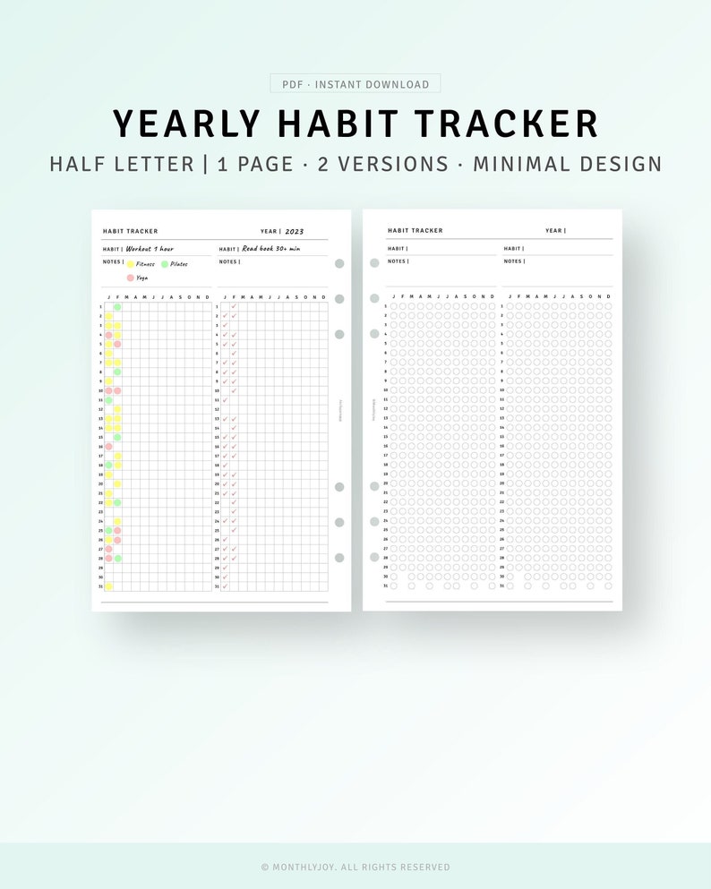 Yearly Habit Tracker Printable Half Letter Inserts, A Year in Pixel ...