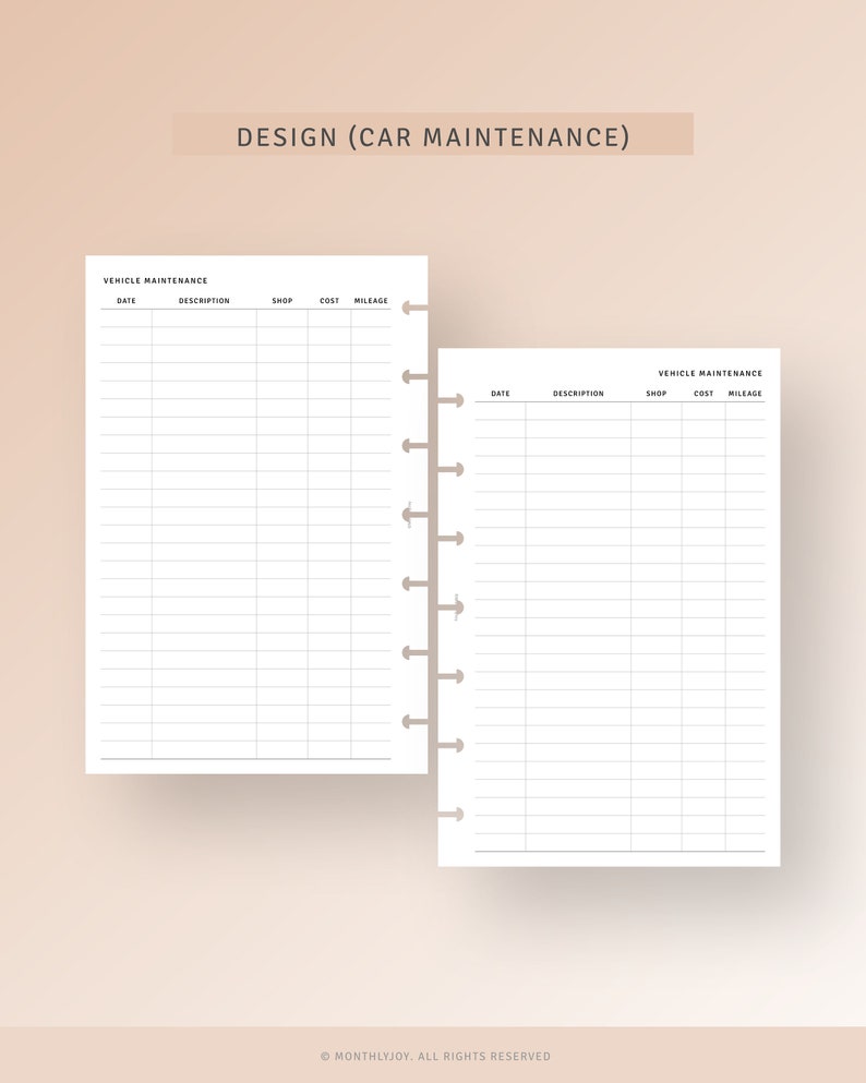 Car Maintenance Log Printable HP Mini Inserts, Auto Mileage Journal ...