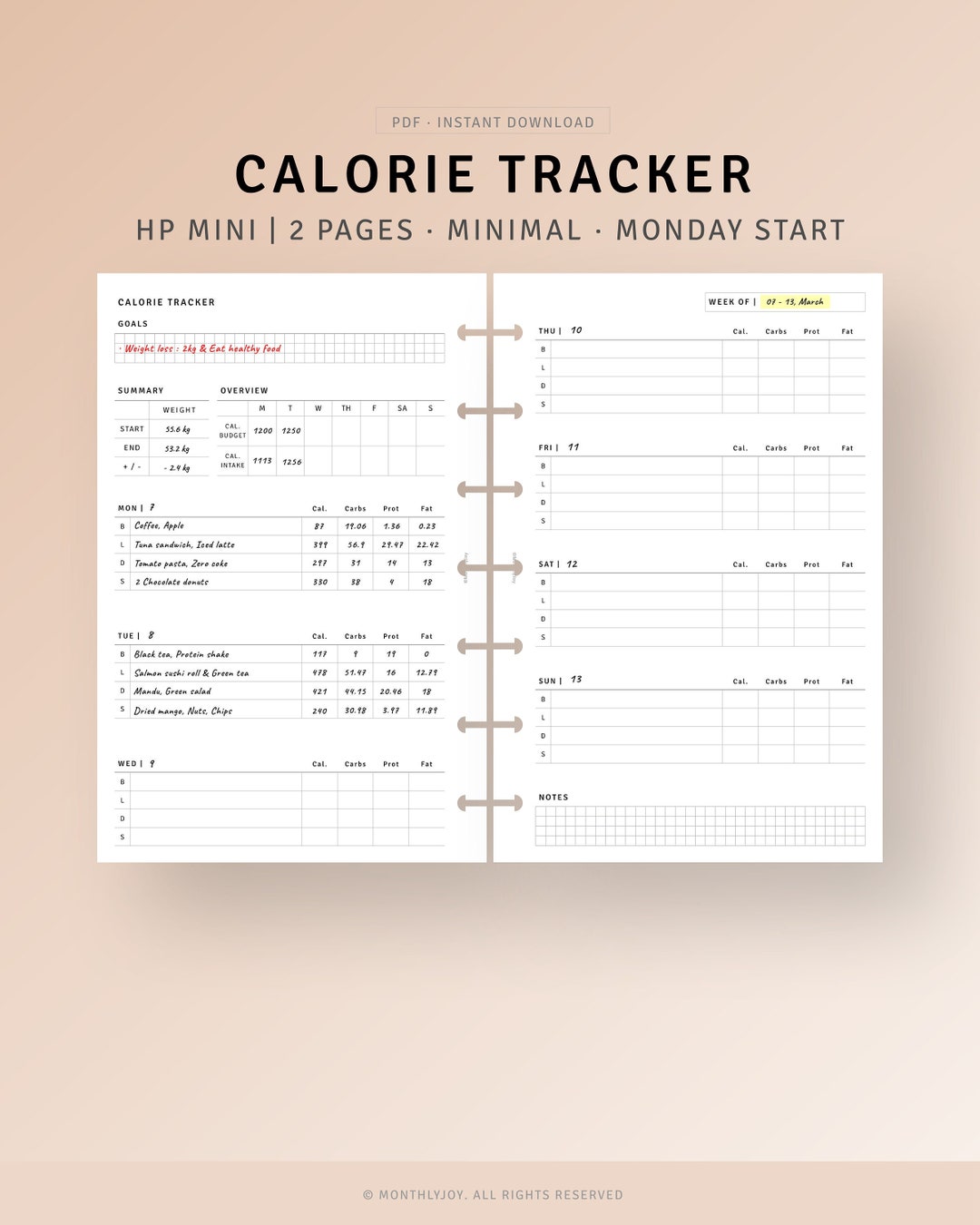 Daily Calorie Tracker HP Mini Inserts Printable, Food Diary Journal ...
