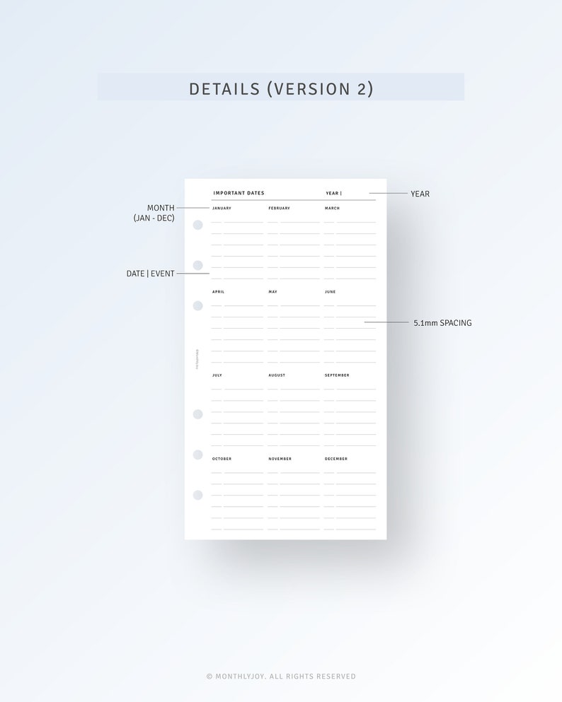 Yearly Important Dates Tracker Personal Planner Printable Birthday ...