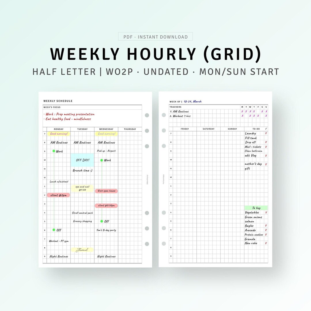 Weekly Hourly Planner Half Size Printable Inserts, Hobo Style Weekly ...