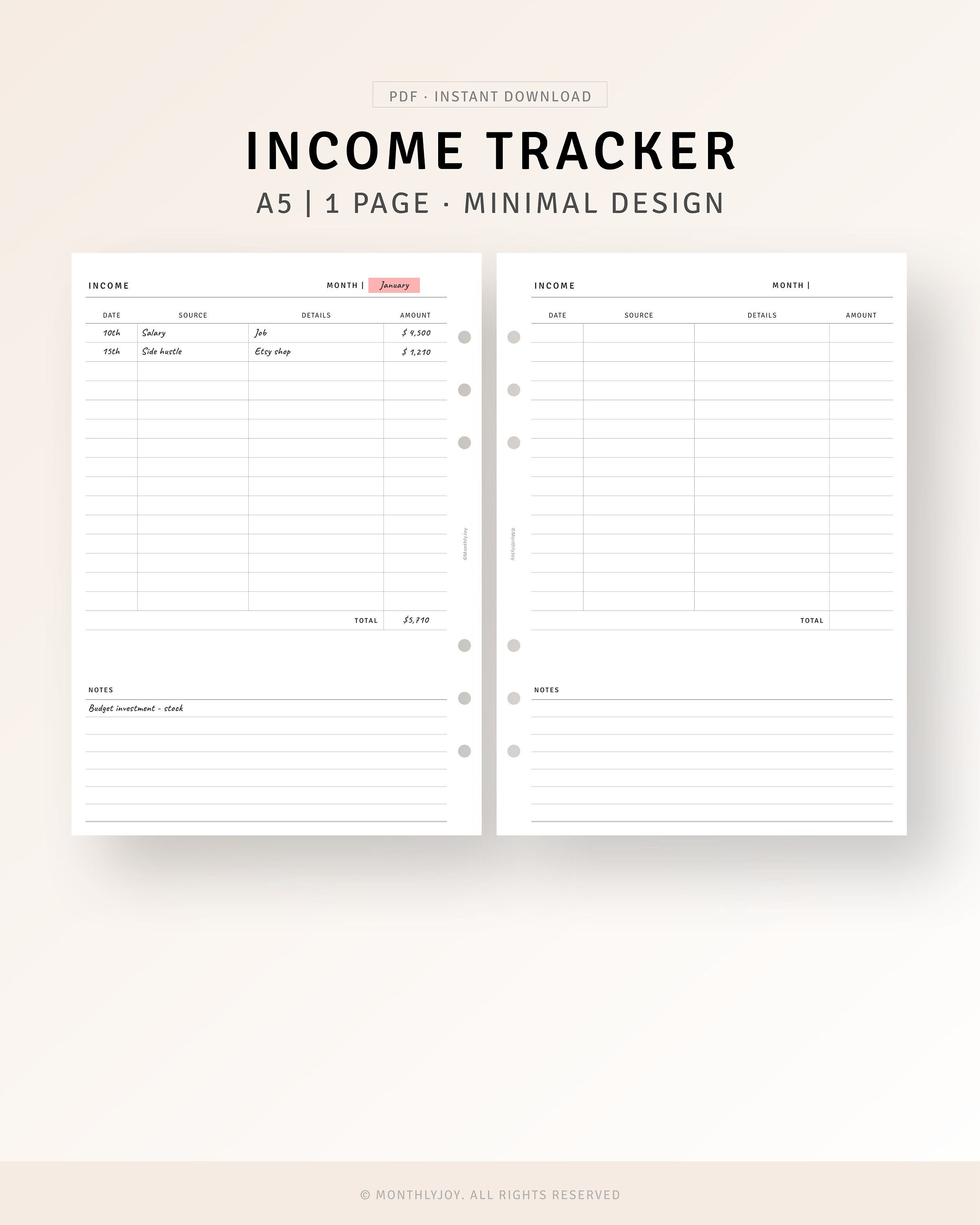 Income Tracker A5 Printable Planner Personal Finance - Etsy UK