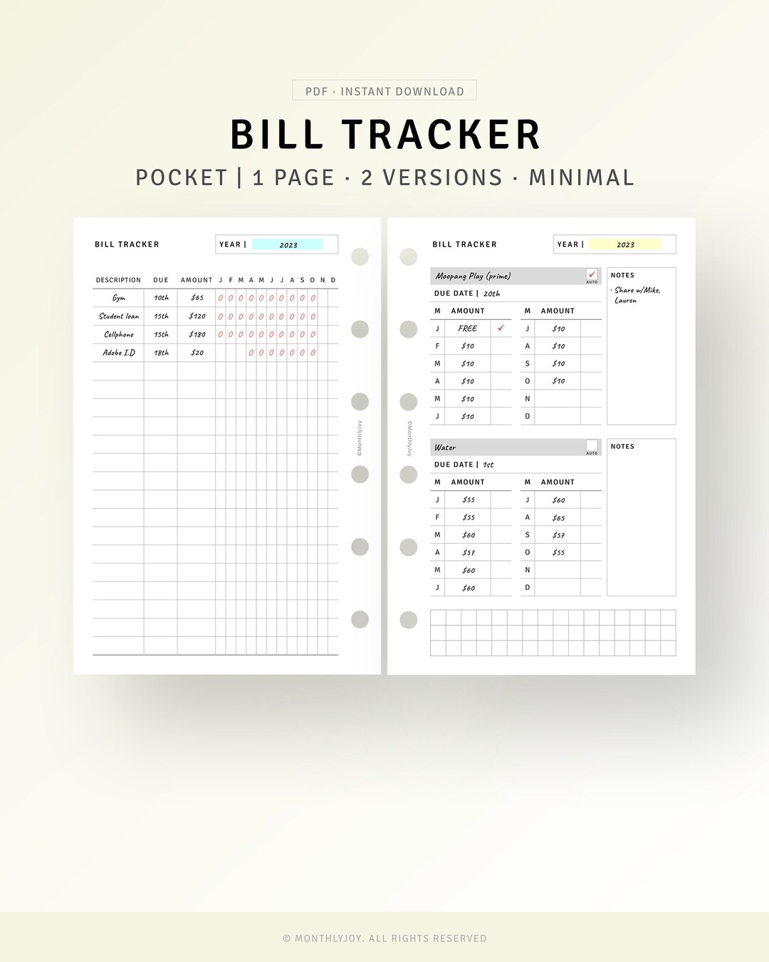 Bill Tracker Pocket Ring Inserts Printable Annual Payment Reminder ...