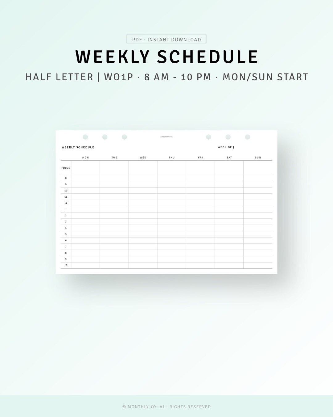 Weekly Schedule Printable Half Letter Inserts, Week on One Page, WO1P ...