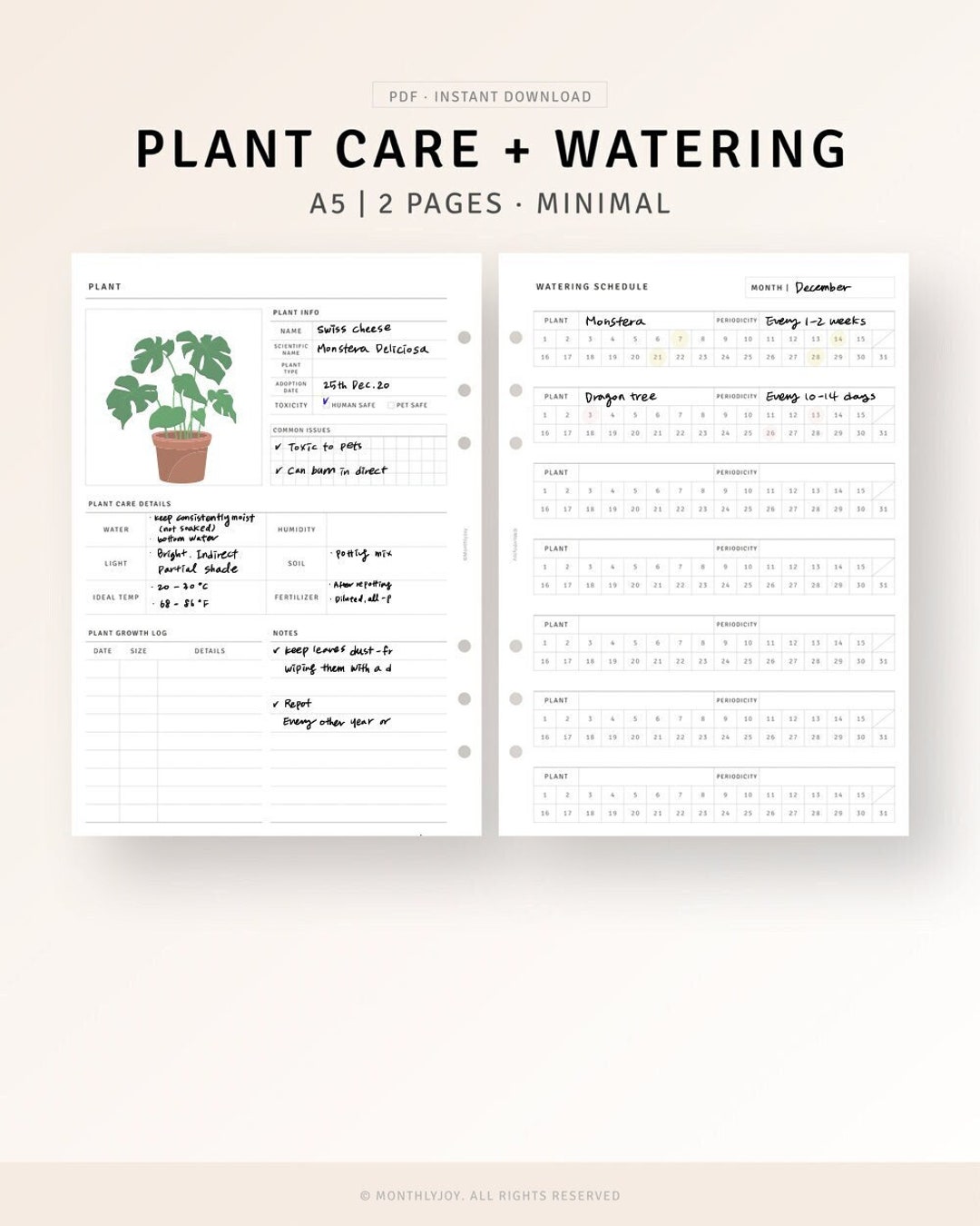 Plant Planner Printable A5 Inserts, Plant Care Log, Watering Schedule ...