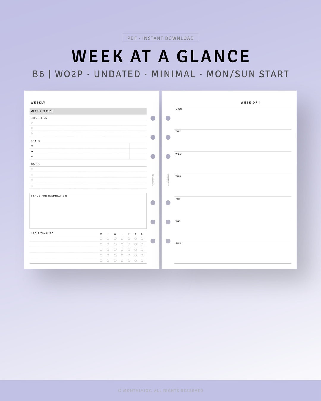 Weekly Planner Printable B6 Ring Inserts, Week on 2 Pages, to Do List ...