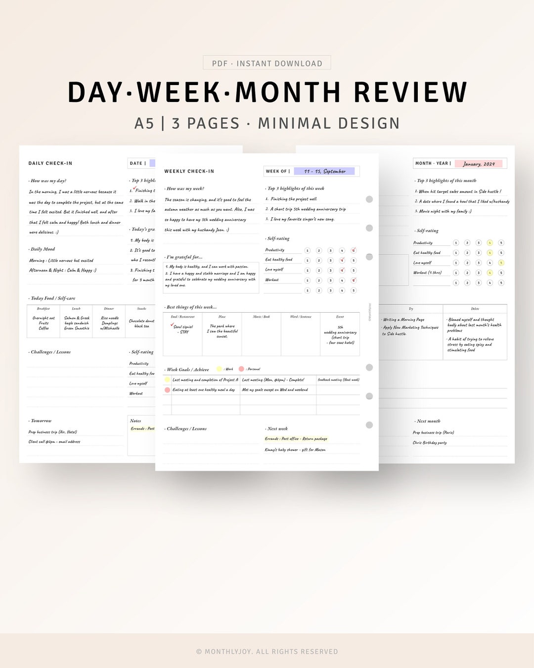A5 Daily Review Weekly Reflection Monthly Assessment Template Printable ...