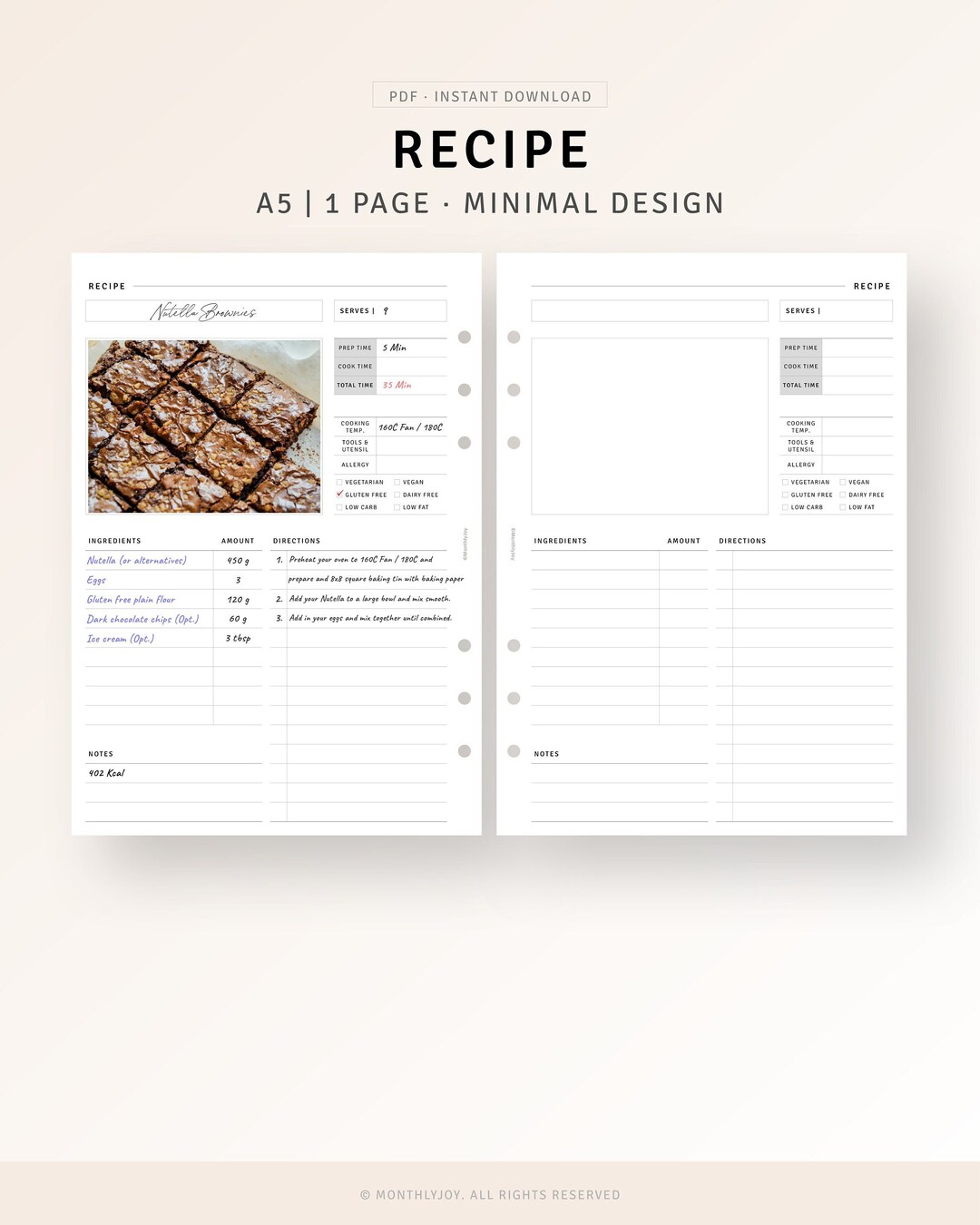 Recipe Planner A5 Size Printable Kitchen Recipe Template, Simple ...