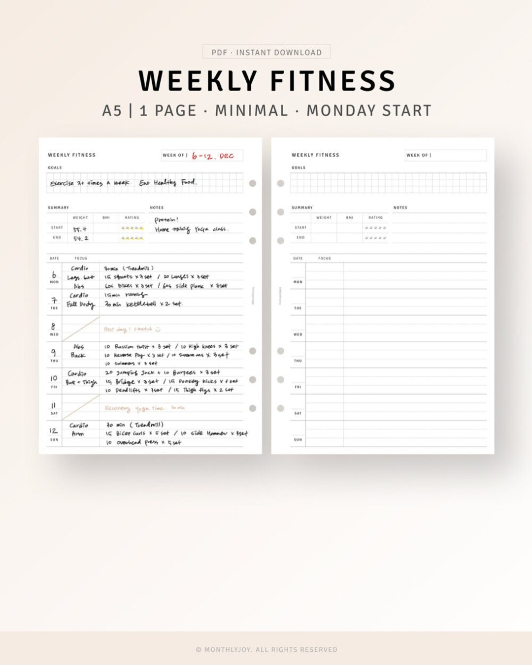Weekly Fitness Tracker A5 Printable Planner Inserts, Daily Workout ...