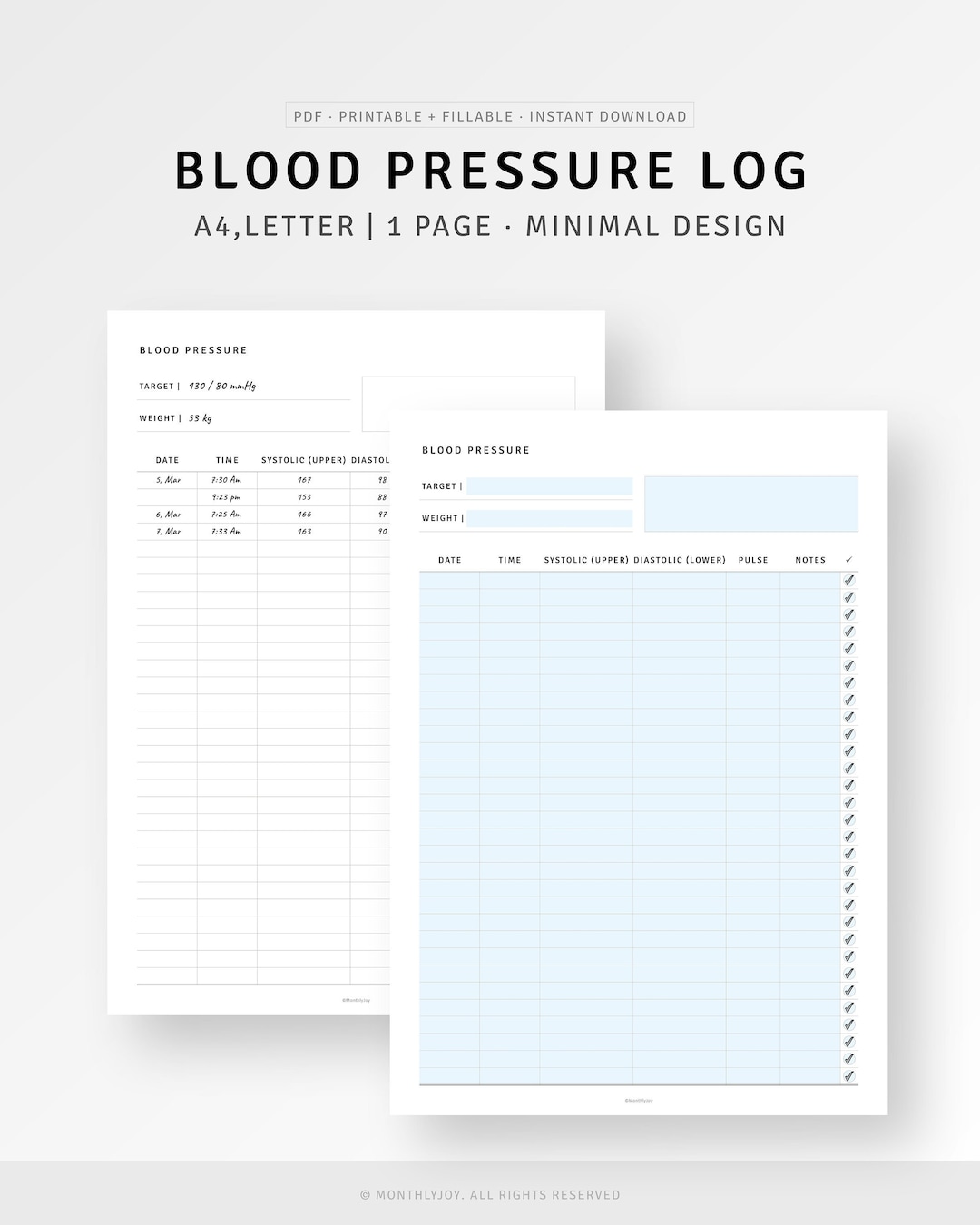Blood Pressure Log Printable A4/letter Inserts, Daily Blood Pressure ...