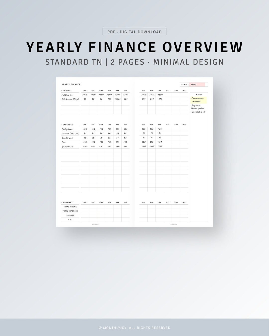 TN Standard | Yearly Finance Overview Printable Bill Organizer, Income ...