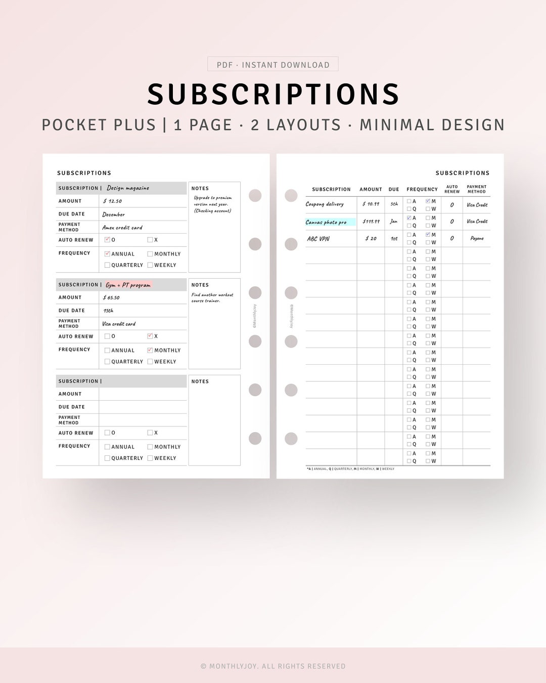 Subscription Tracker Pocket Plus Printable Inserts, Membership Checklist, Subscription Bill ...