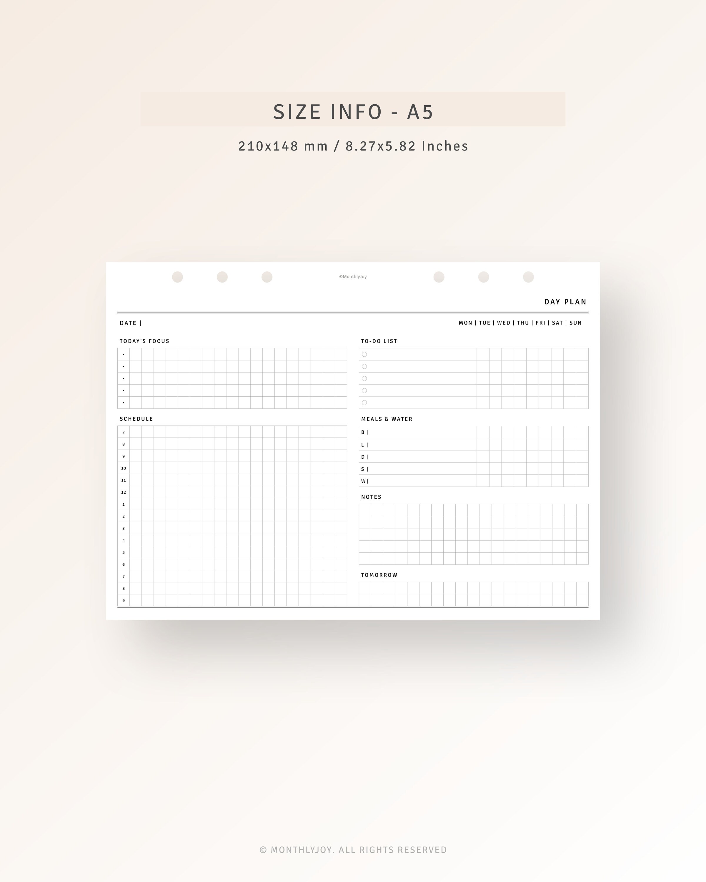 A5 Size, Undated Daily Planner Printable Day on One Page, Productivity ...