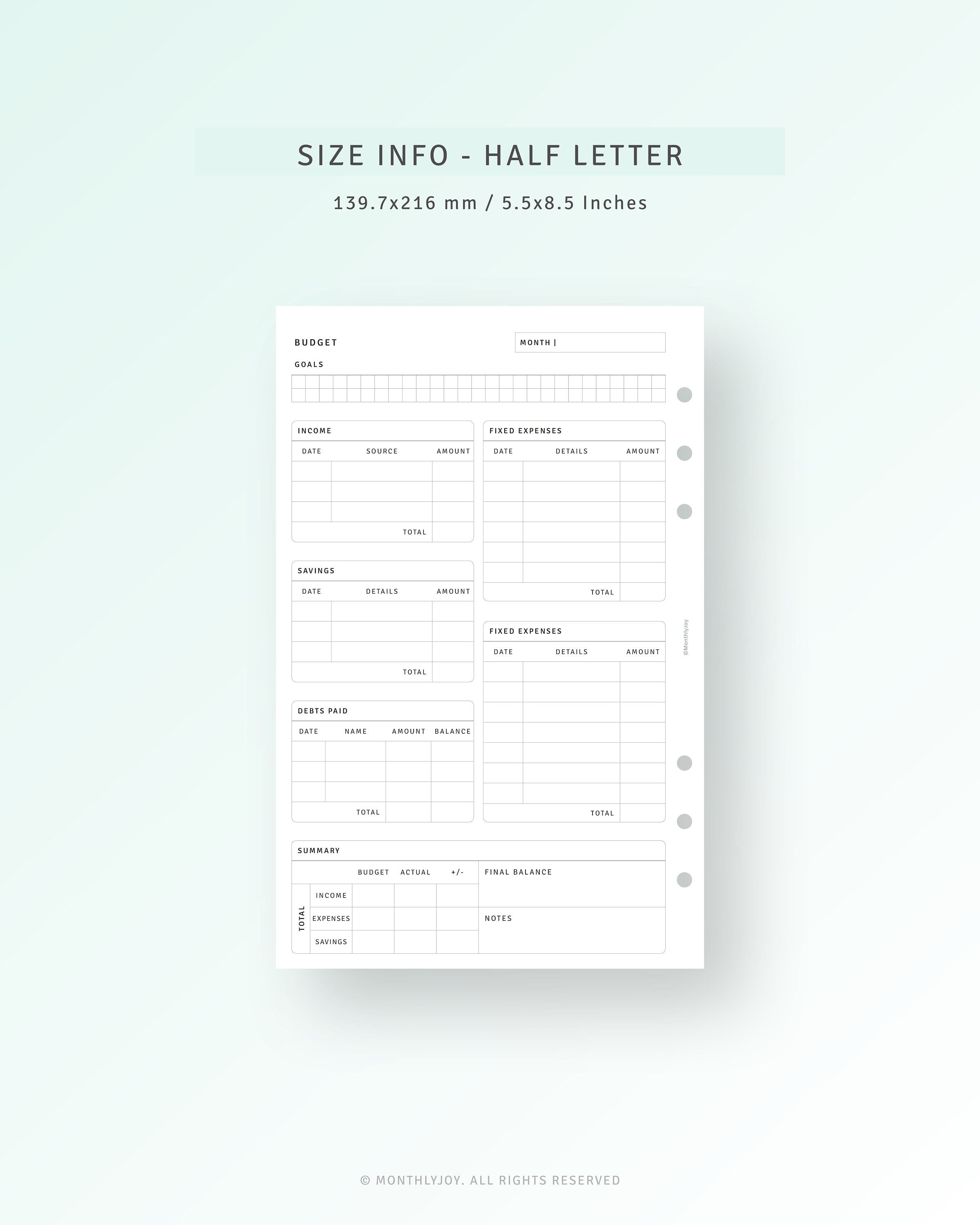 Monthly Budget Planner Printable Half-letter Inserts, Money Management ...