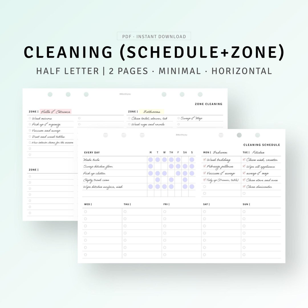 Zone Cleaning Schedule Printable Half-letter Planner, Weekly Cleaning ...