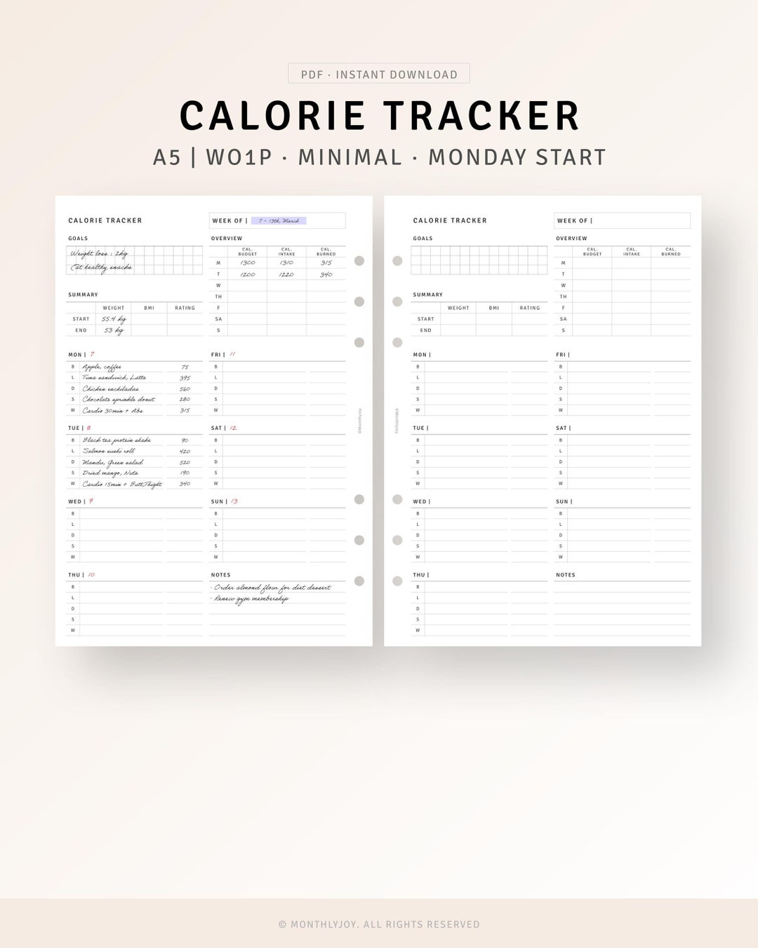 Calorie Tracker Printable A5 Inserts, Weekly Diet Food Diary Journal ...