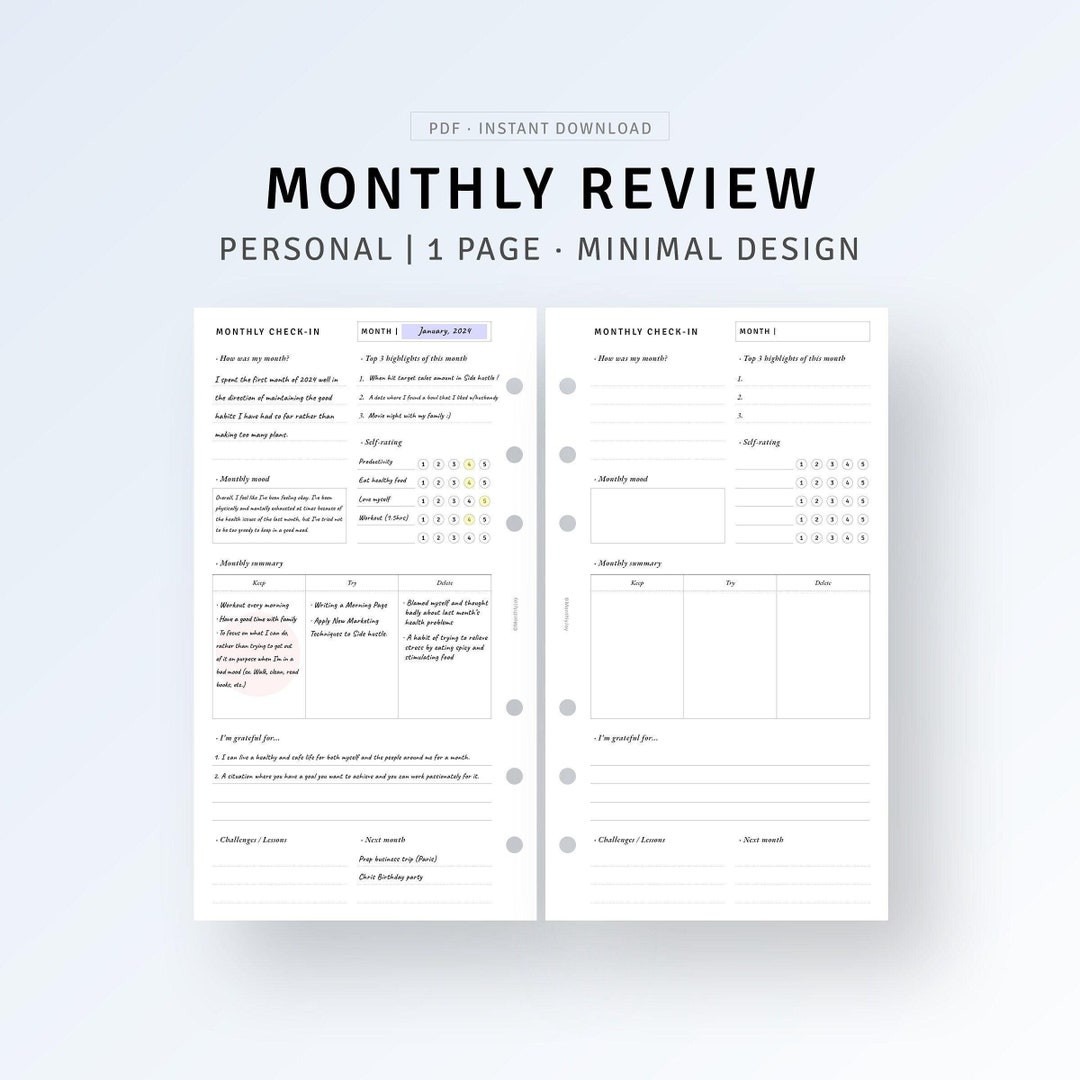 Monthly Reflection Printable Personal Inserts, Monthly Review Template ...