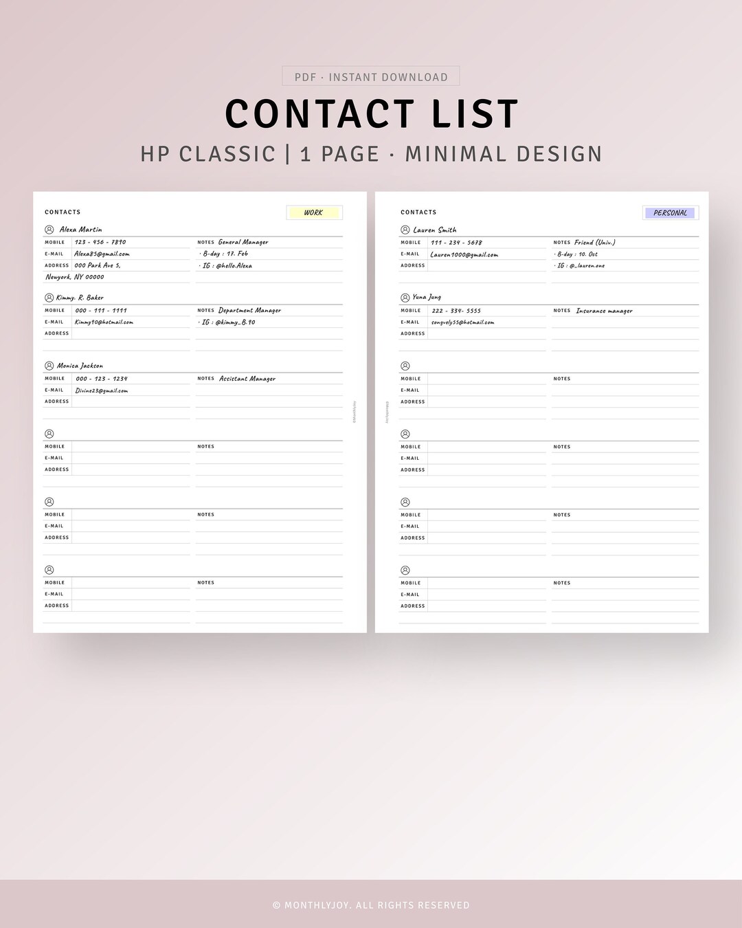 Contacts List Printable HP Classic Inserts, Small Business Contact ...