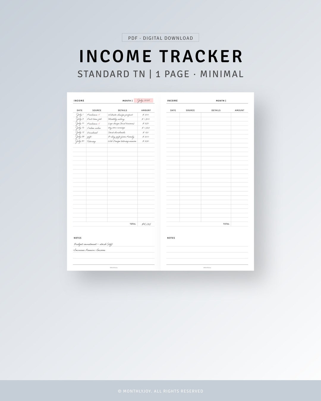 Income Tracker Printable Travelers Notebook Inserts, Personal Finance ...