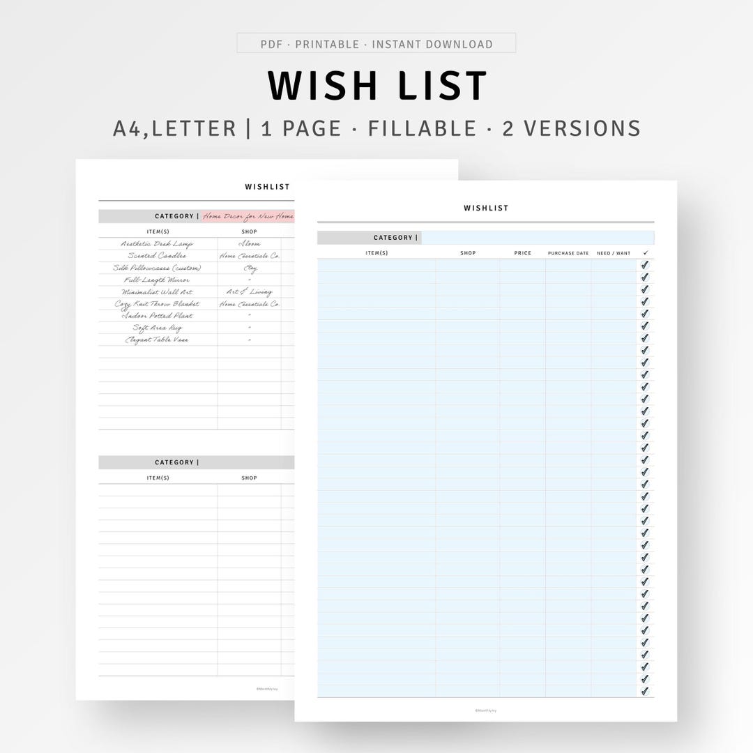 Printable Wish List A4, Letter Inserts Editable Shopping Tracker, Wish ...