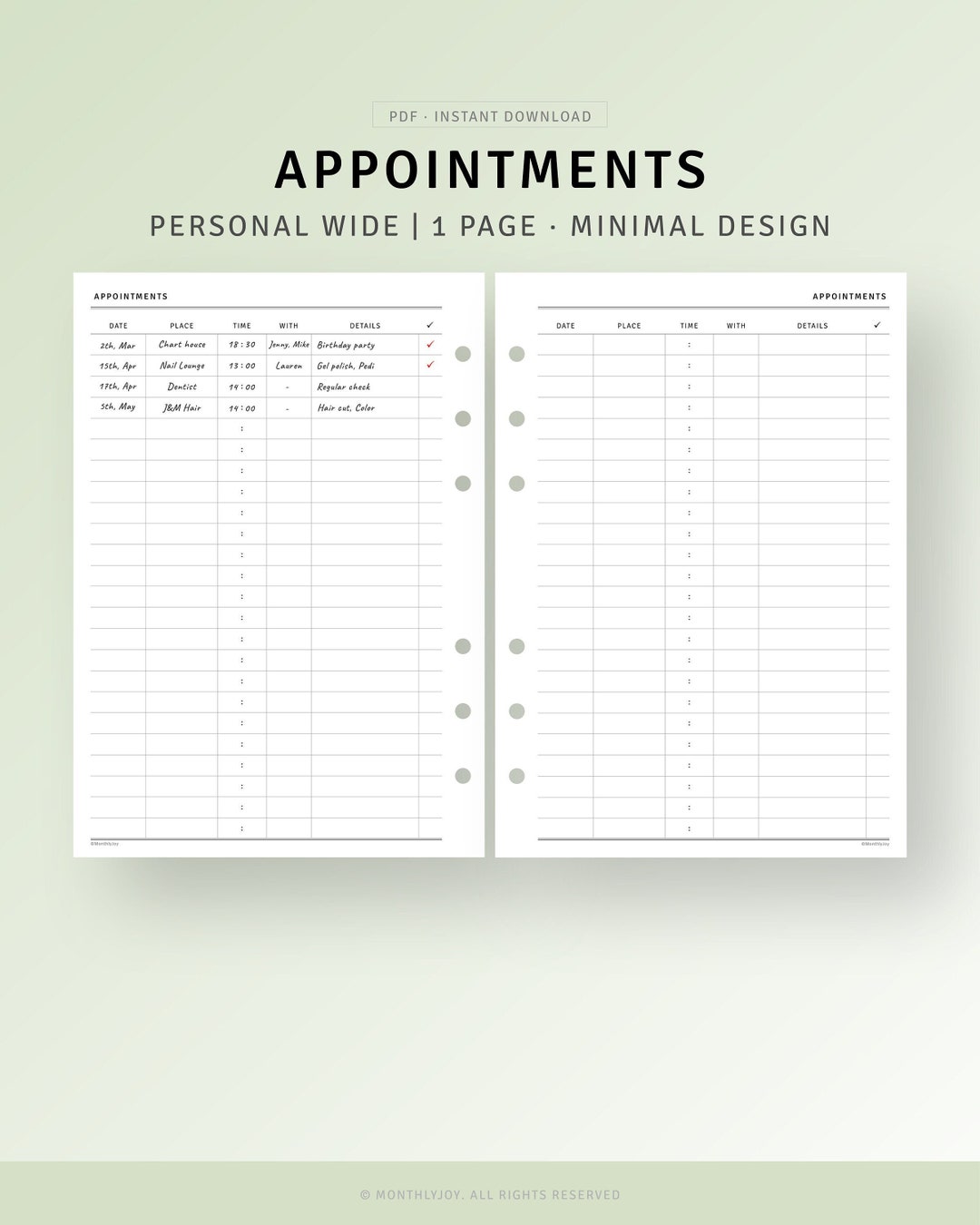 Appointment Tracker Printable Personal Wide Inserts, Doctor's Meeting ...