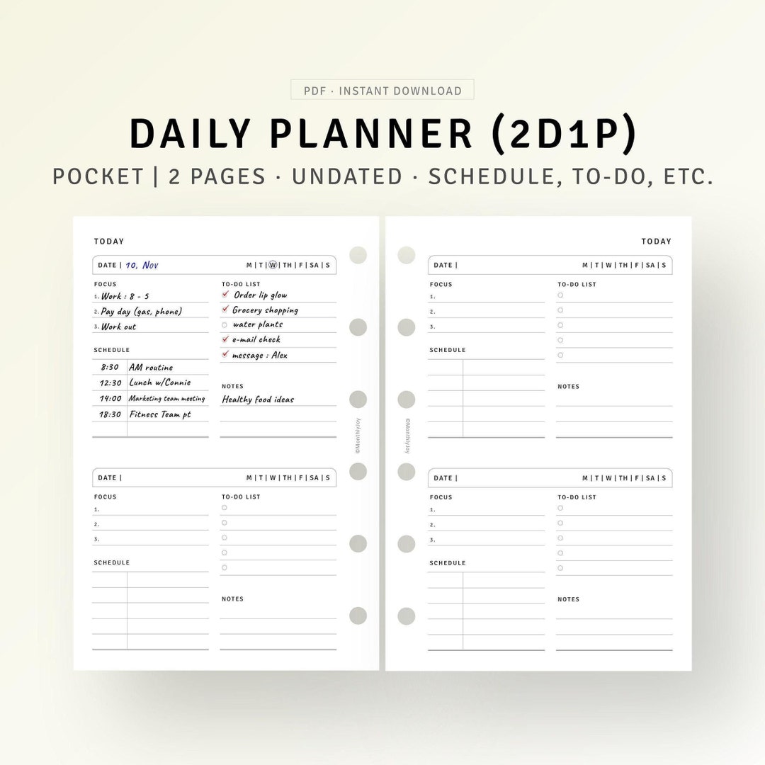 Pocket Ring, Daily Planner PDF Printable 2 Days on 1 Page, Undated ...