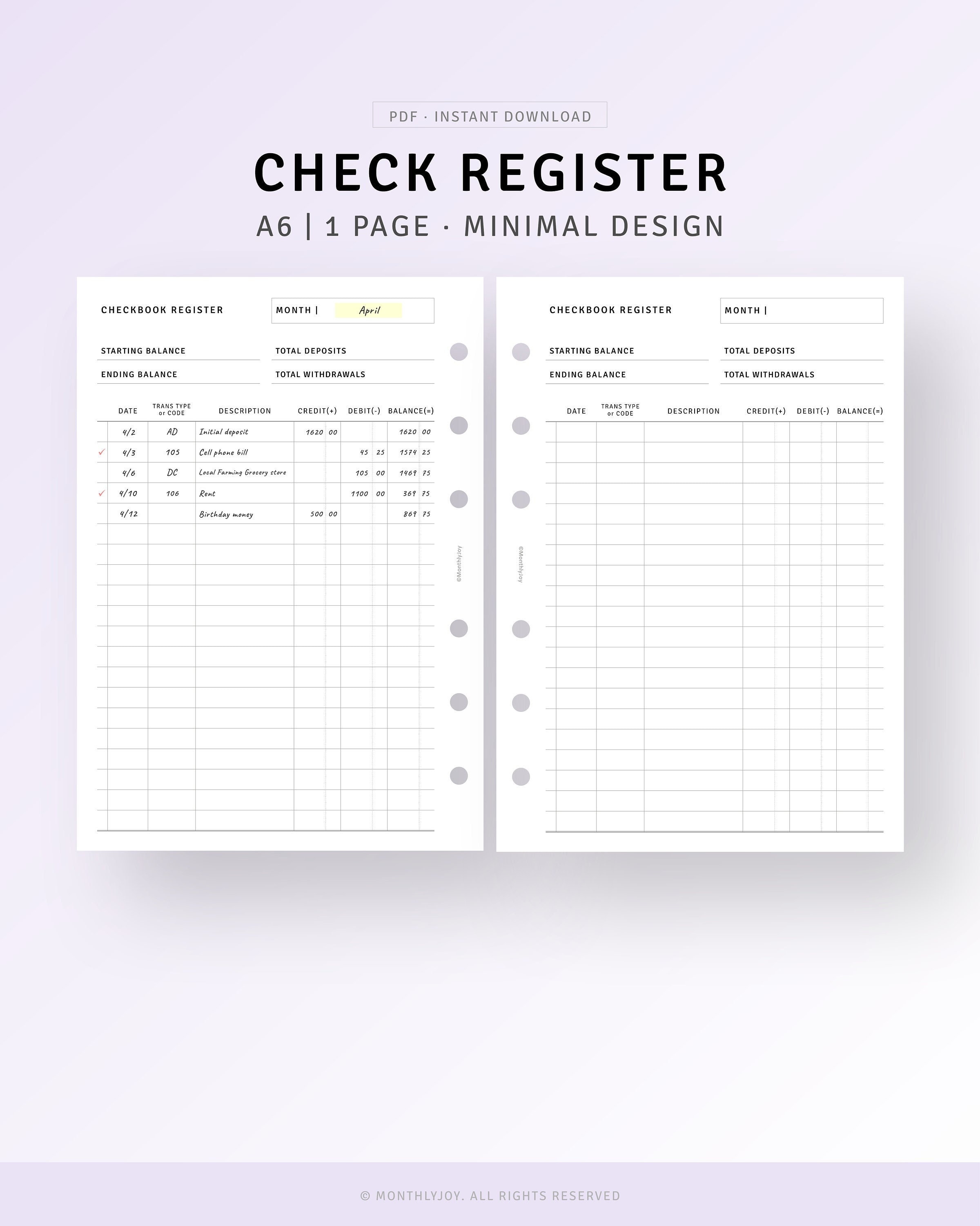 Checkbook Register A6 Planner Printable Spending Log, Checkbook Ledger ...