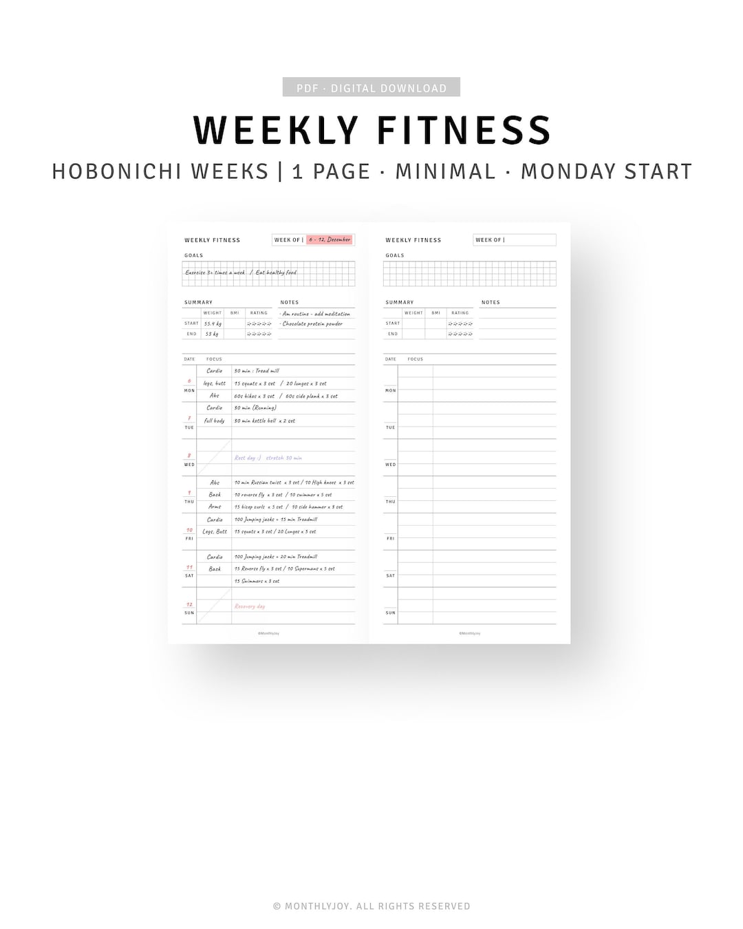 Weekly Fitness Tracker Hobonichi Weeks Inserts Printable Workout ...