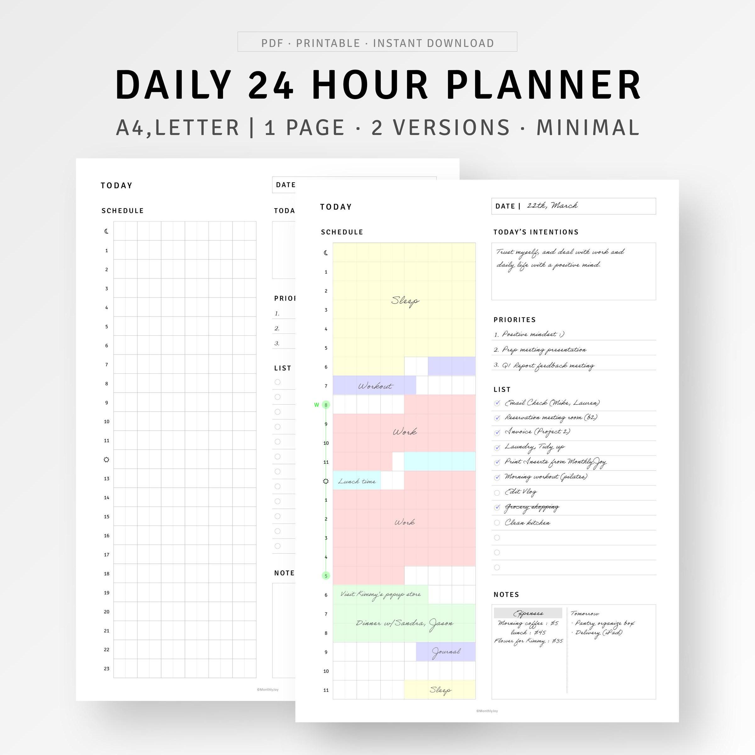 24 Hour Daily Hourly Planner Printable Time Management Template, Work ...