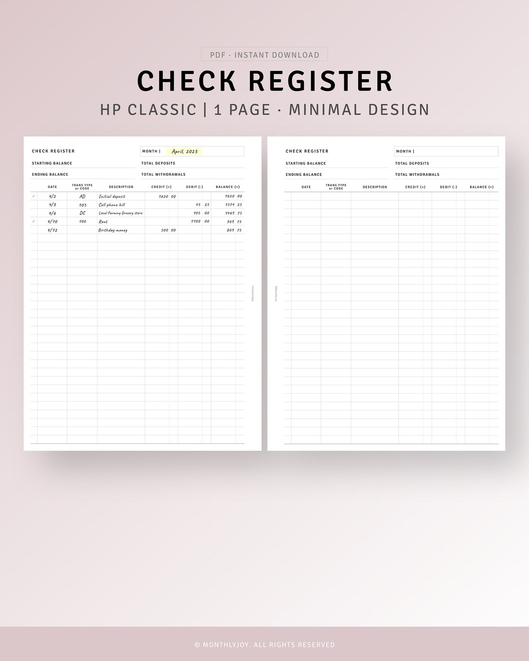 Check Book Register HP Classic Printable Inserts, Spending Log ...