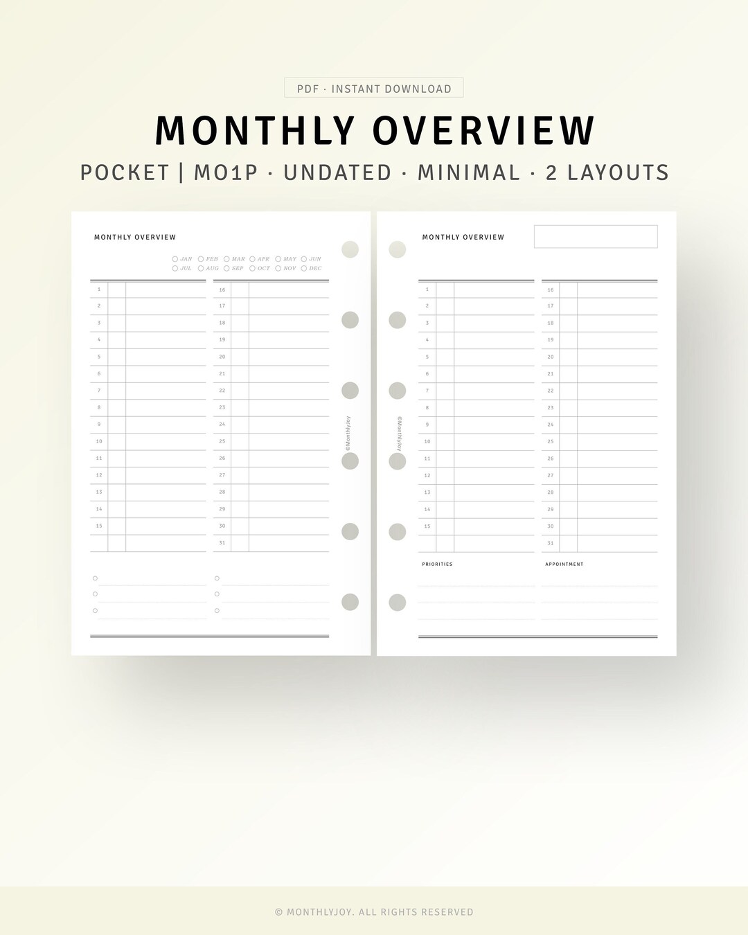 Pocket Monthly Overview Printable, Undated Monthly Planner Pages, Month ...