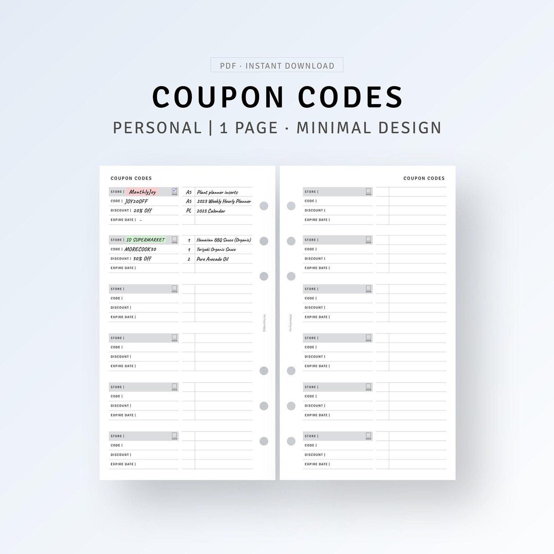 Personal, Coupon Codes Tracker Printable Shopping Discount Code Log ...