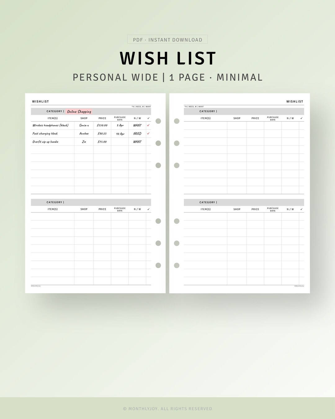 Wish List Template Personal Wide Inserts Printable, Christmas Wish List ...