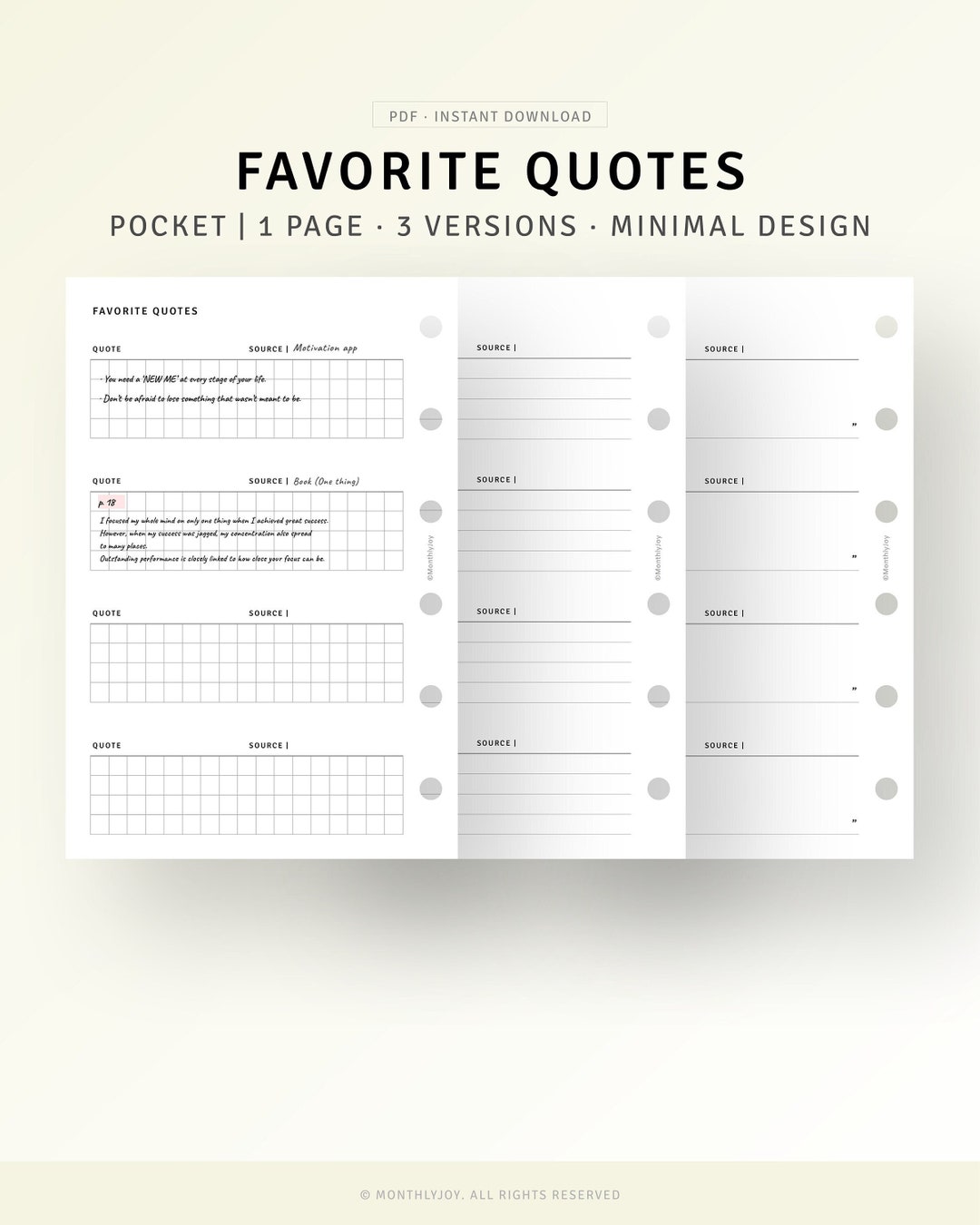 Pocket Size, Favorite Quotes Template Printable Positive Mindset Quotes ...