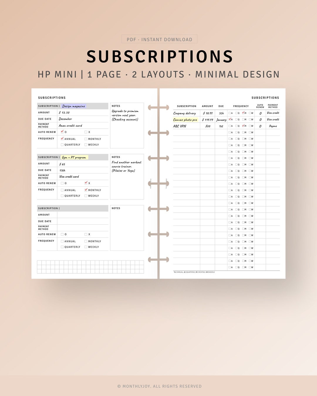 Subscription Tracker HP Mini Printable Inserts, Membership Template ...