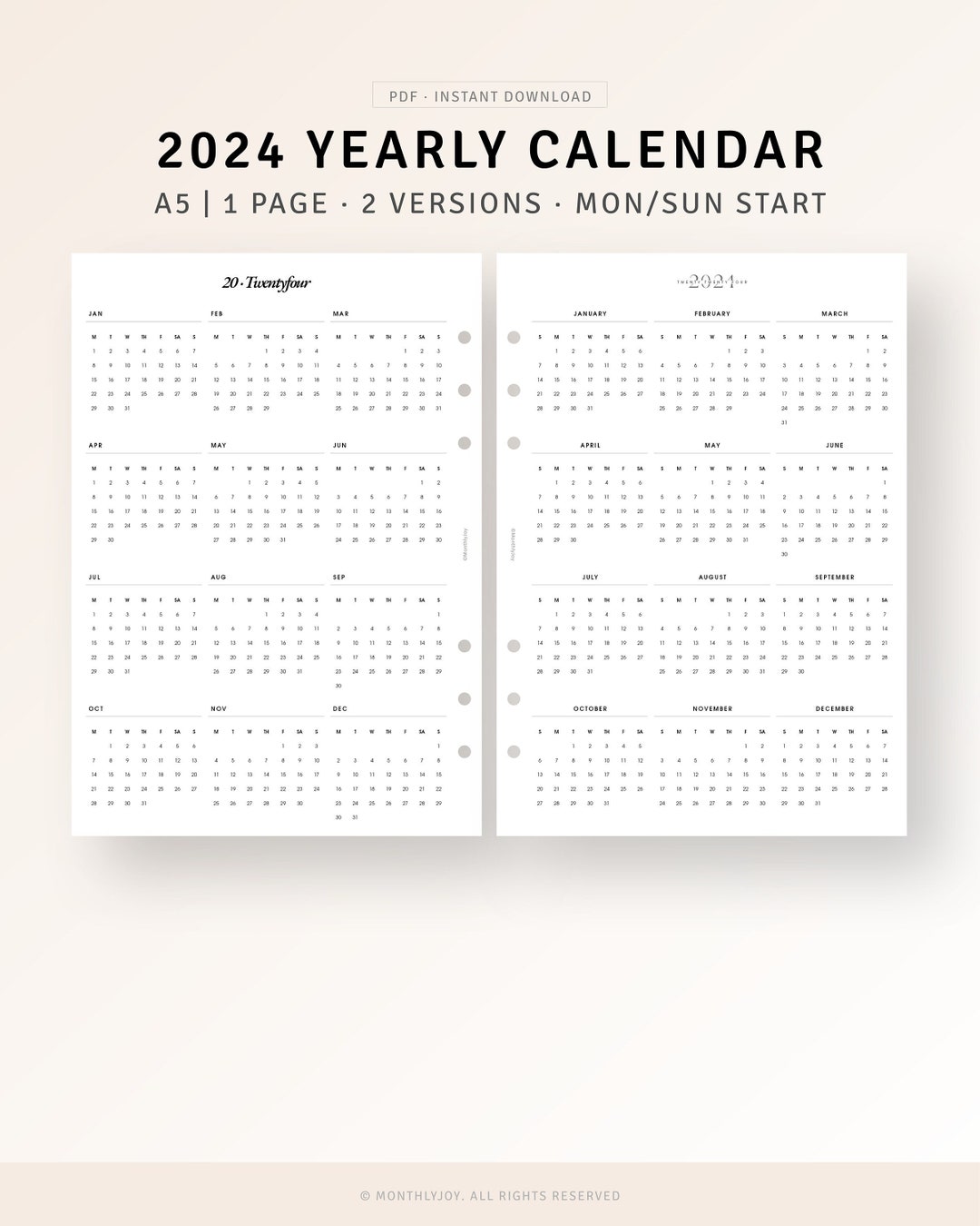 2024 Printable Calendar A5 Planner Inserts 2024 Yearly - Etsy