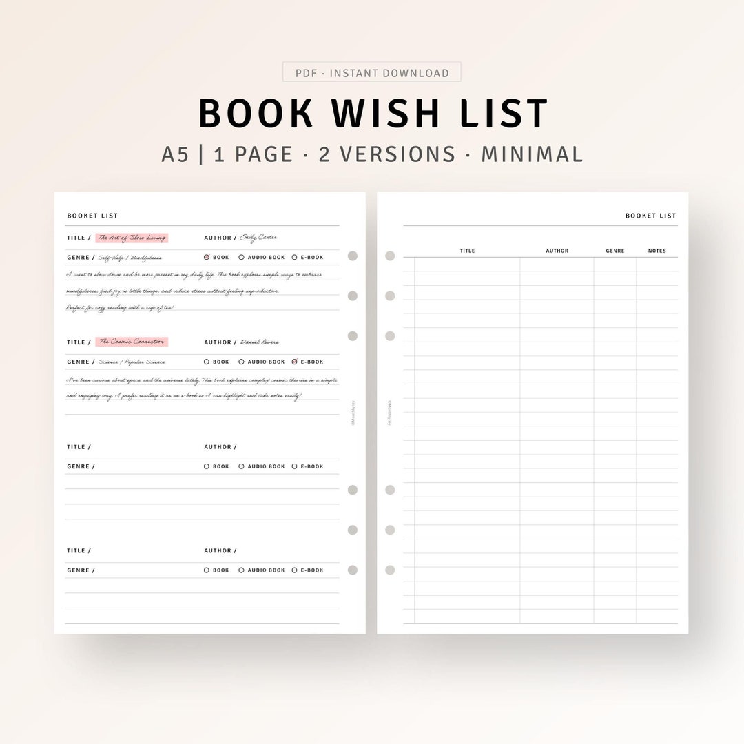 A5 Planner Inserts Printable Reading Wish List Book Wish List ...