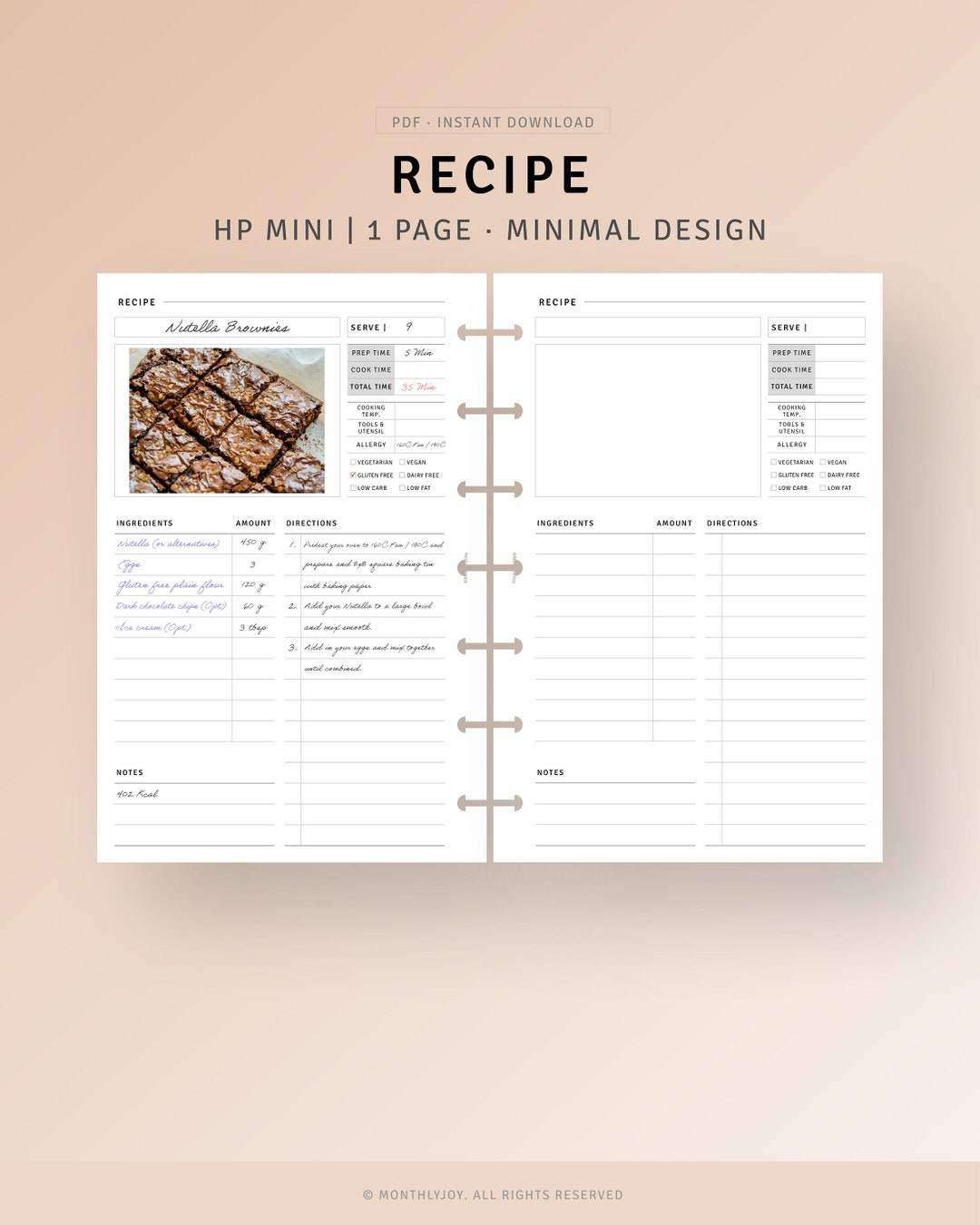 Recipe Journal HP Mini Ring Printable Inserts, Food Recipe Template ...