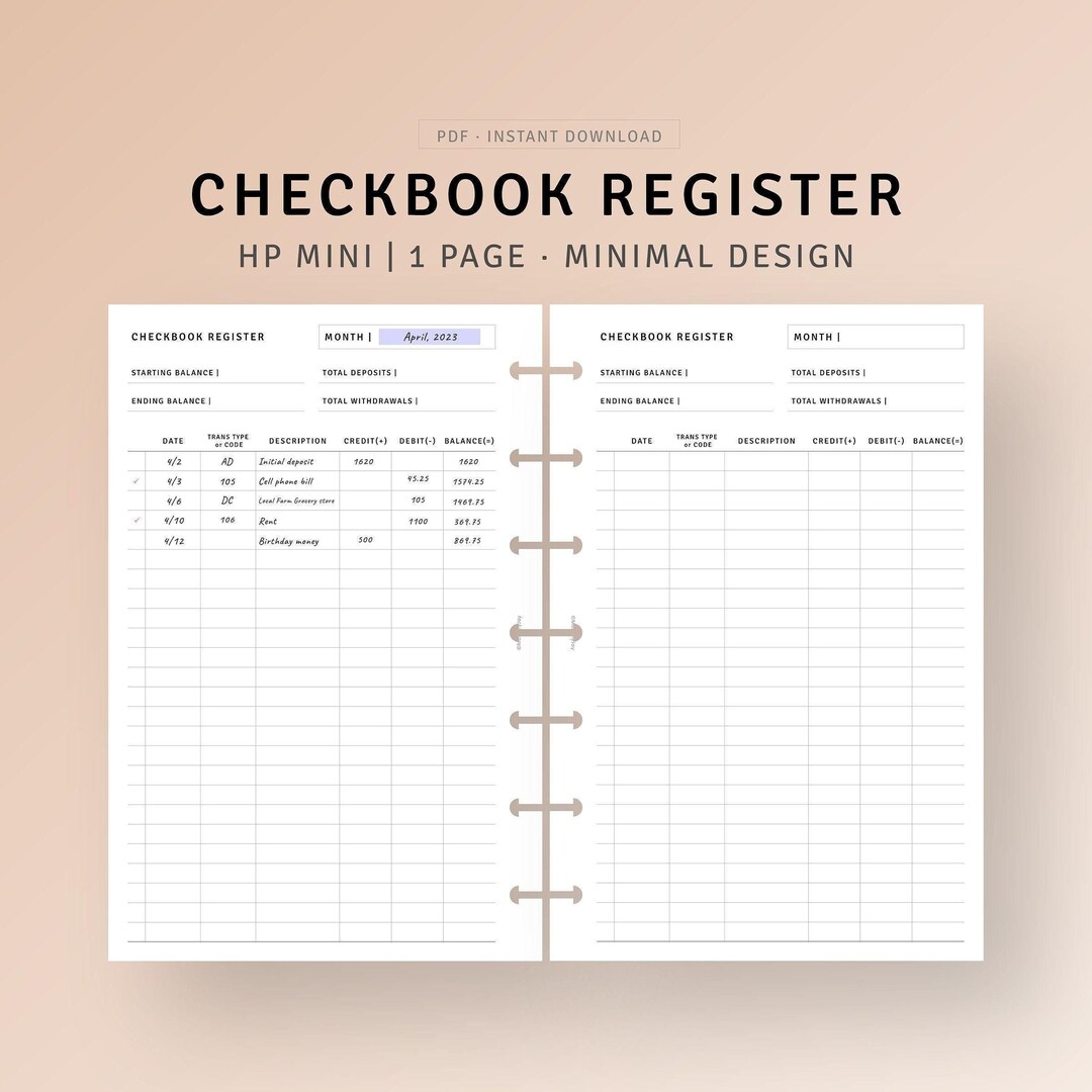 Checkbook Register HP Mini Printable Inserts, Transaction Check Ledger ...