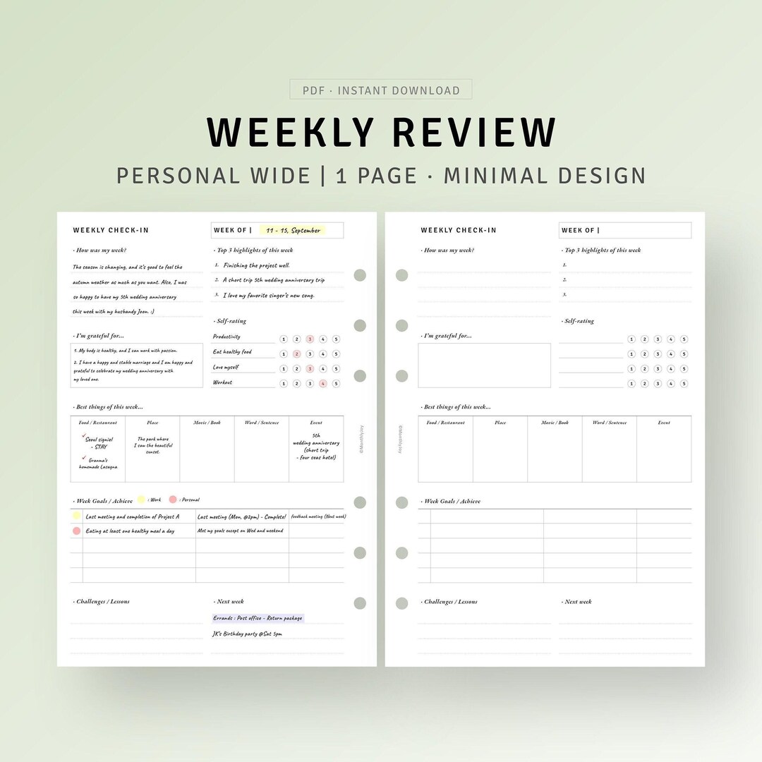 Weekly Review Printable Personal Wide Inserts, Mindfulness Weekly ...