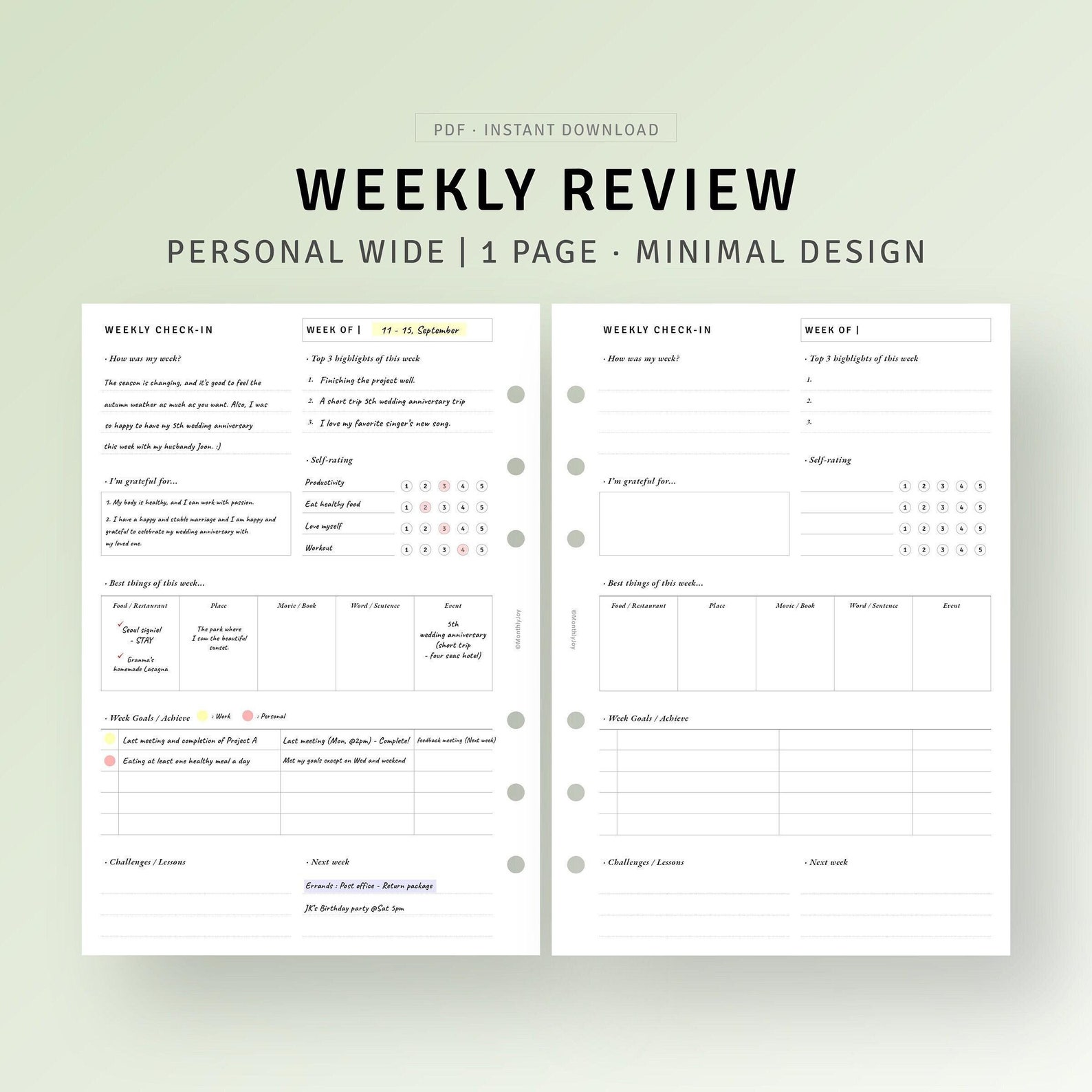 Weekly Review Printable Personal Wide Inserts, Mindfulness Weekly ...