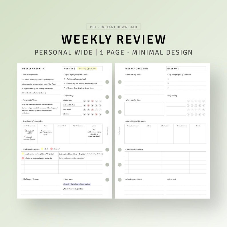 Weekly Review Printable Personal Wide Inserts, Mindfulness Weekly ...