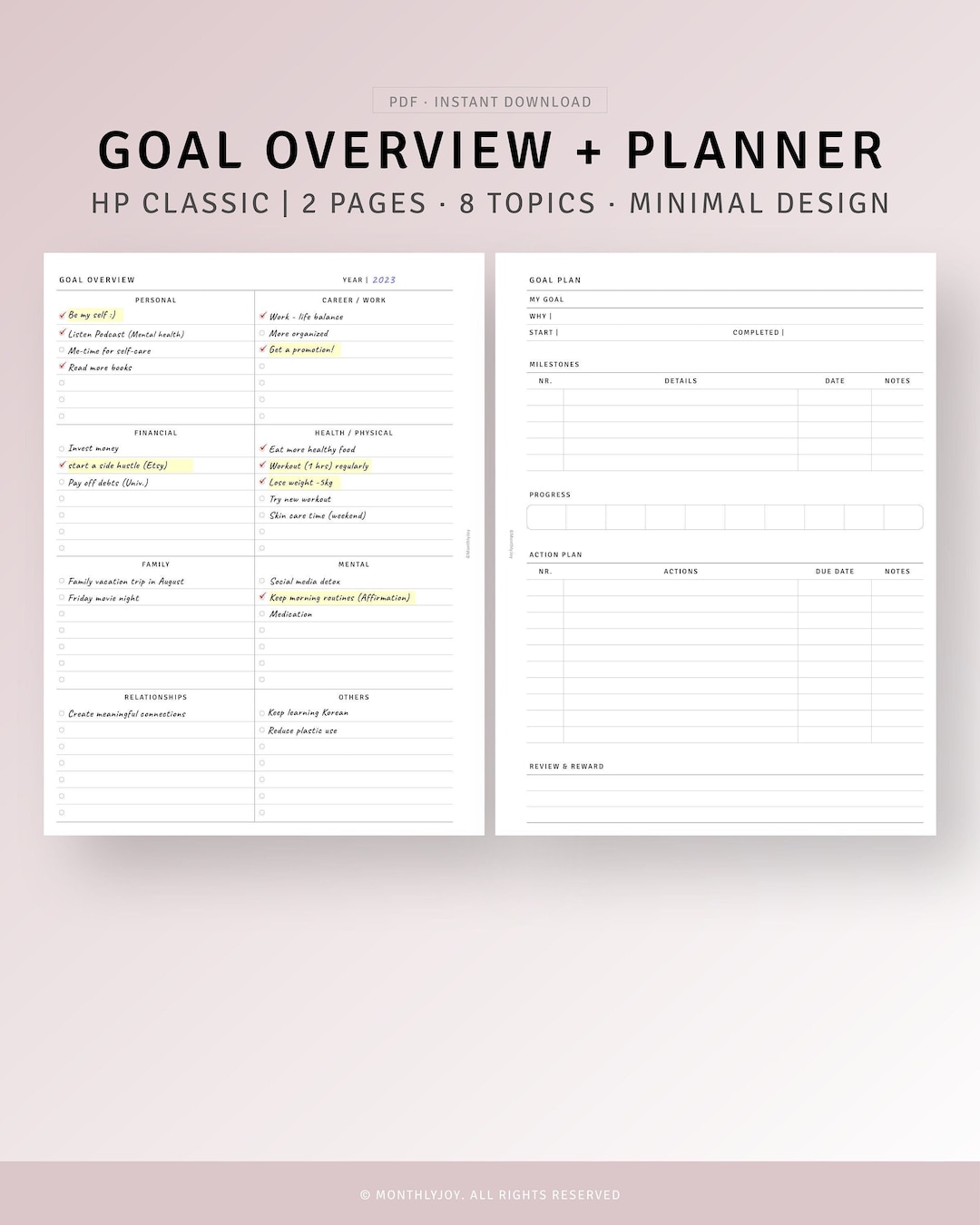 HP Classic, Goal Overview Planner Printable 8 Area Life Goal Template ...