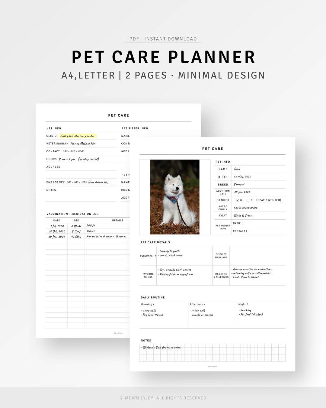 Pet Planner A4/letter Printable Planner, Puppy Health Record Sheet, Pet ...