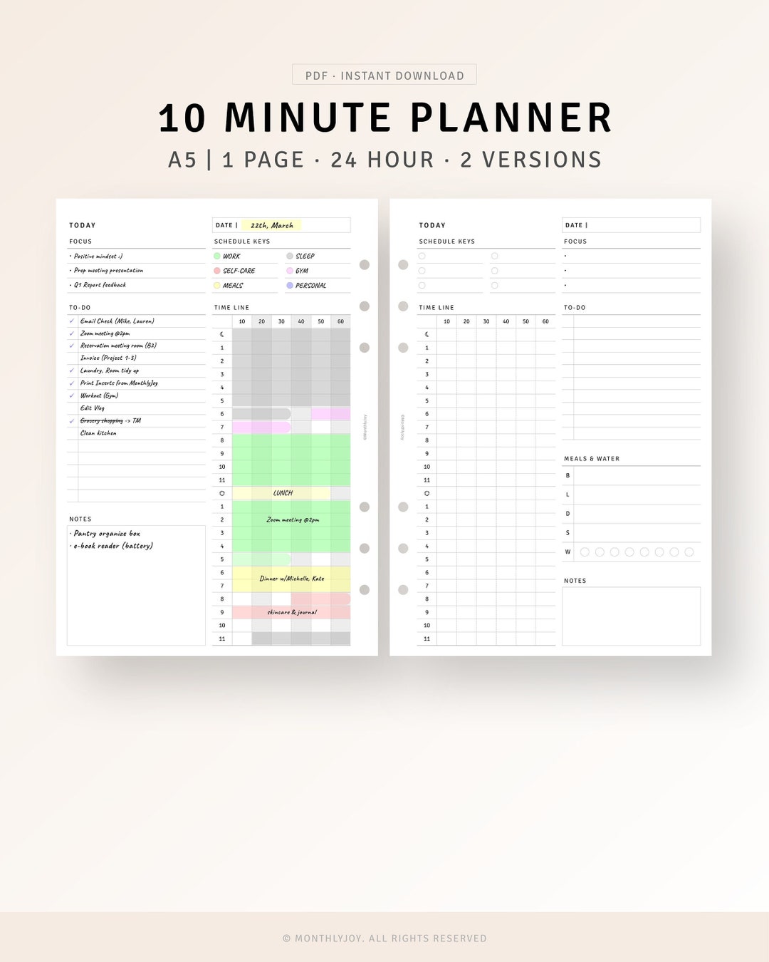 A5 Size, 10 Minute Planner Printable Daily Hourly Planner for ADHD ...