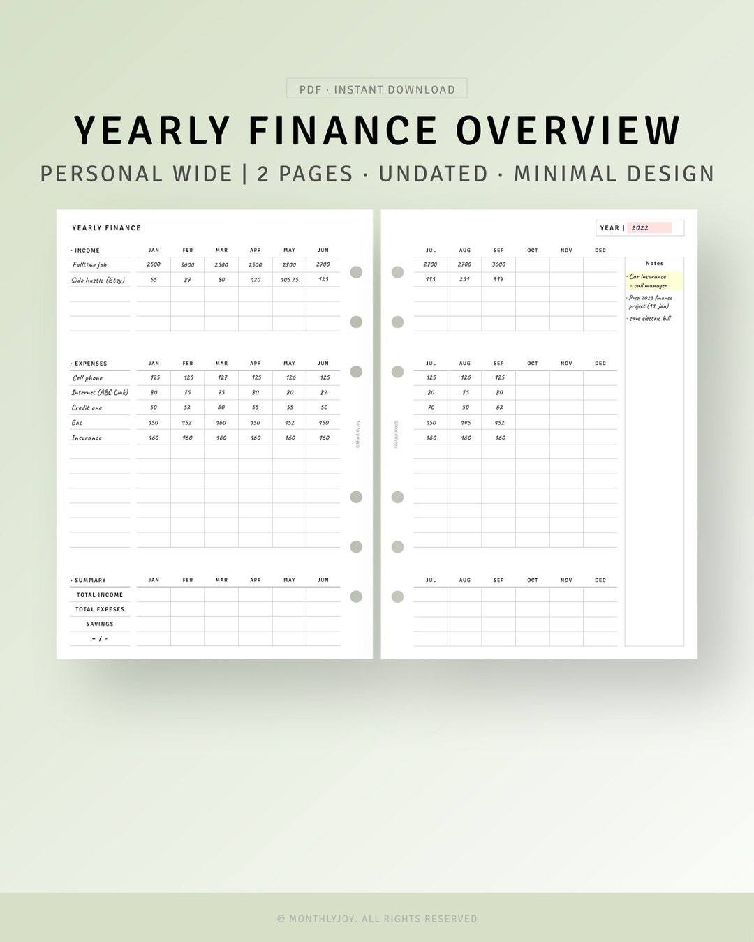 Yearly Finance Overview Sheet Printable Personal Wide Inserts, Money ...
